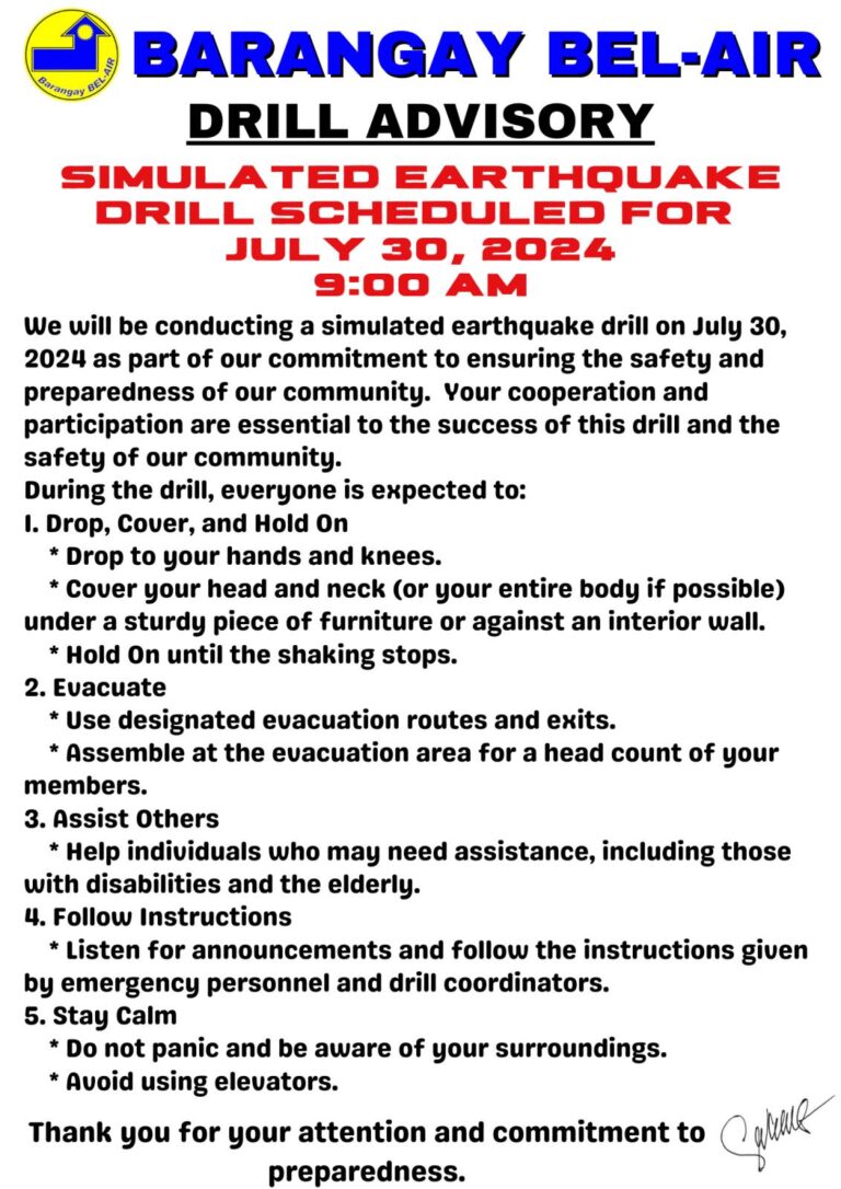Drill Advisory – Barangay Bel-Air