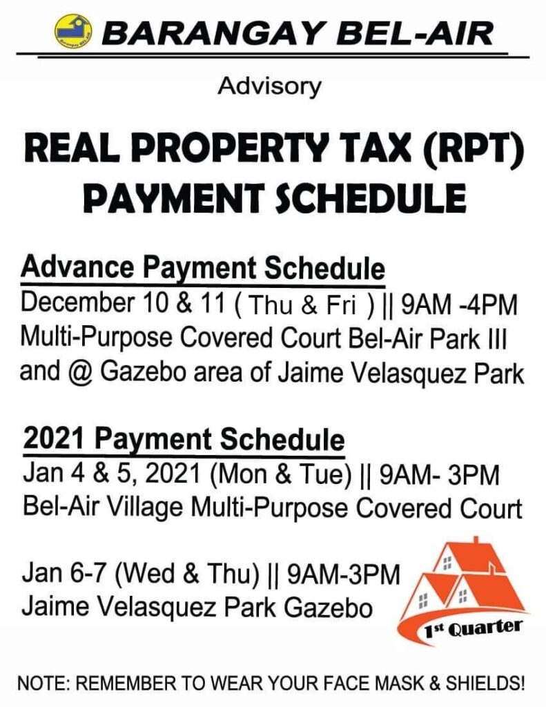 Real Property Tax (RPT) Payment Schedule – Barangay Bel-Air