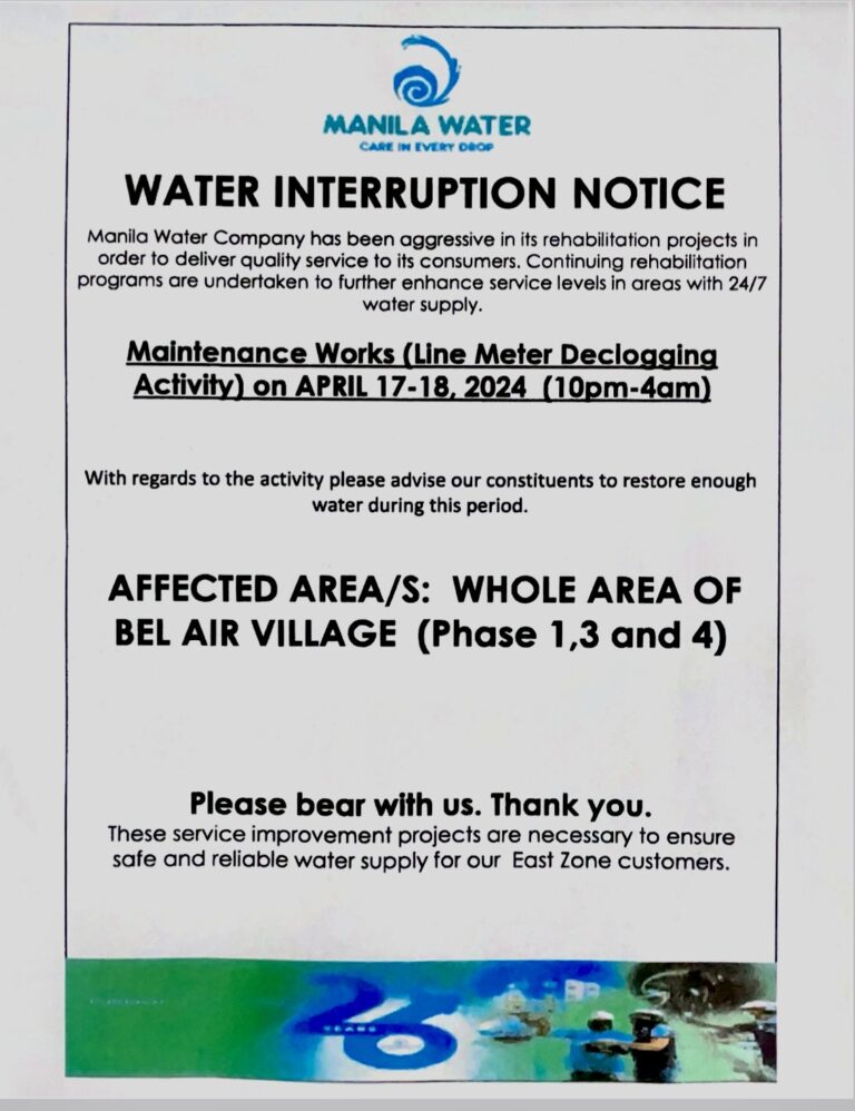 Water Interruption Notice – Barangay Bel-Air